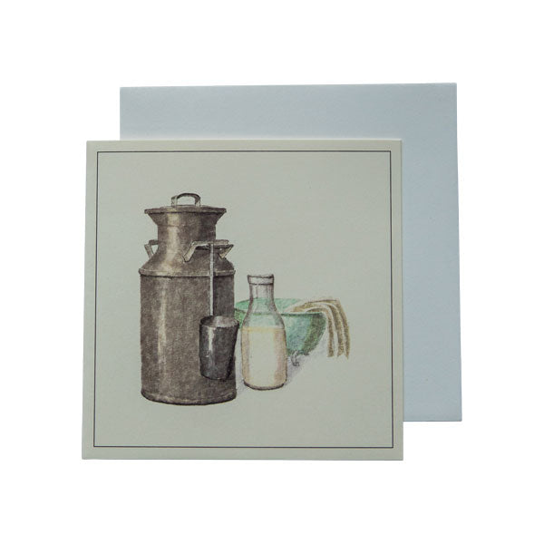 Vintage Metal Dairy container illustration on greeting card – Kookery