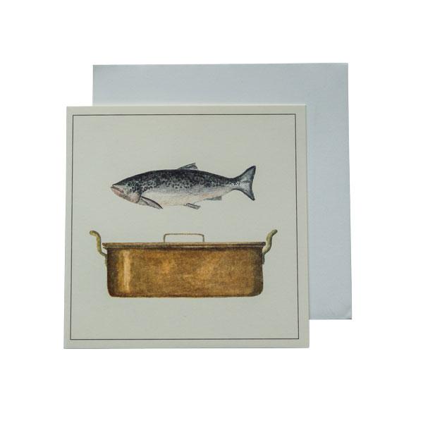 Fish Kettle and Salmon illustration on greeting card – Kookery